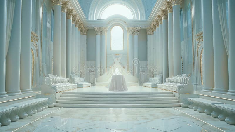 A Grand, White, and Ornately Decorated Hall with Marble Floors, Columns ...