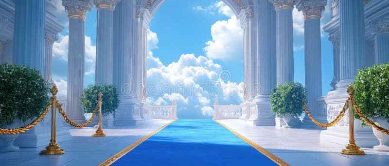 GRAND WHITE WALKWAY LEADING TO BLUE PATHWAY with VIEW of BRIGHT BLUE ...