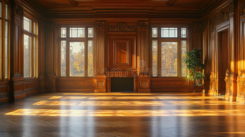 Grand Wooden Room Interior with Sunlight Streaming through Windows ...