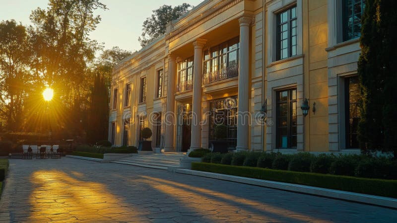 Grand Yellow Mansion at Sunset Stock Illustration - Illustration of ...