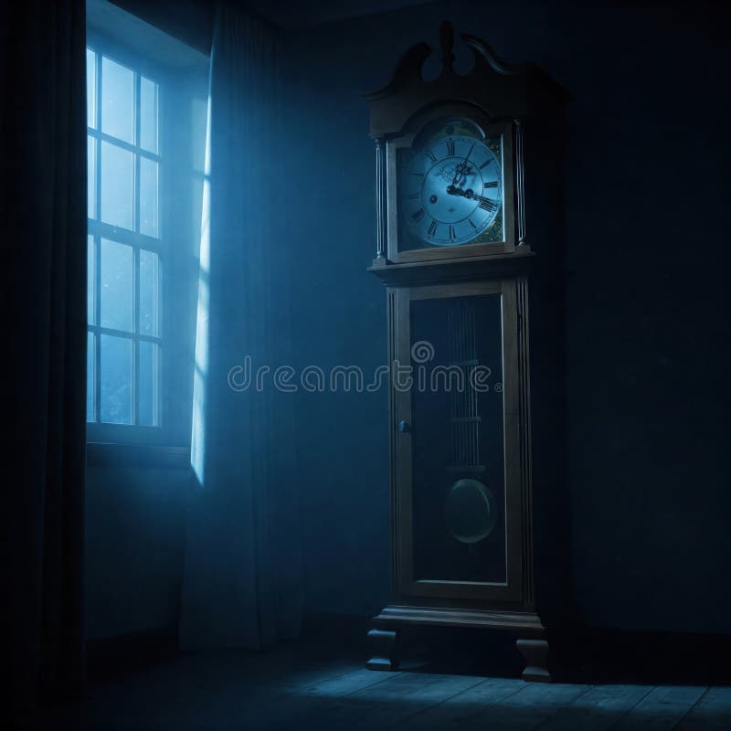 A Grandfather Clock in a Darkened Room by the Window at Night. Stock ...
