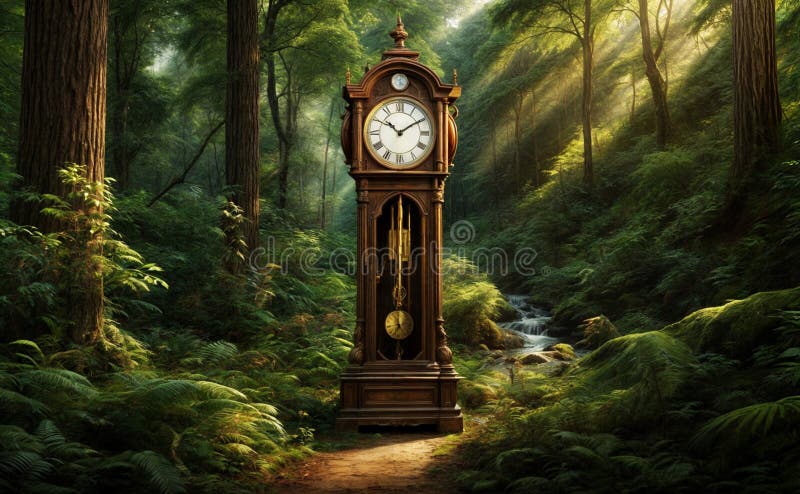 A Grandfather Clock Standing in a Lush Forest Stock Illustration ...