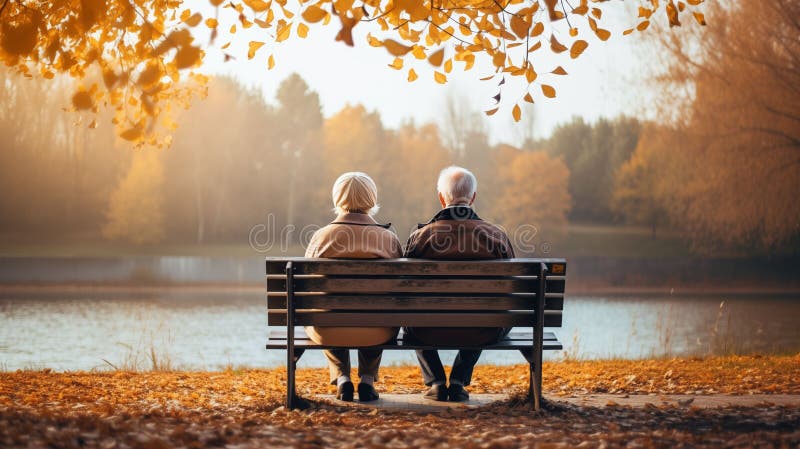 Grandfather and Grandmother Sitting on Bench Back View Stock ...