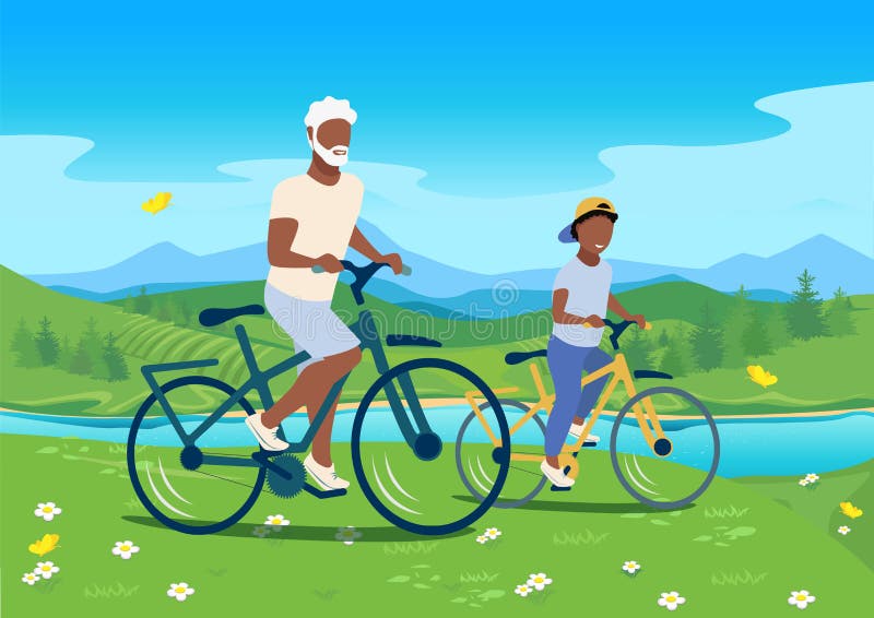 Happy Grandfather Rides a Bicycle with His Grandson Stock Vector ...
