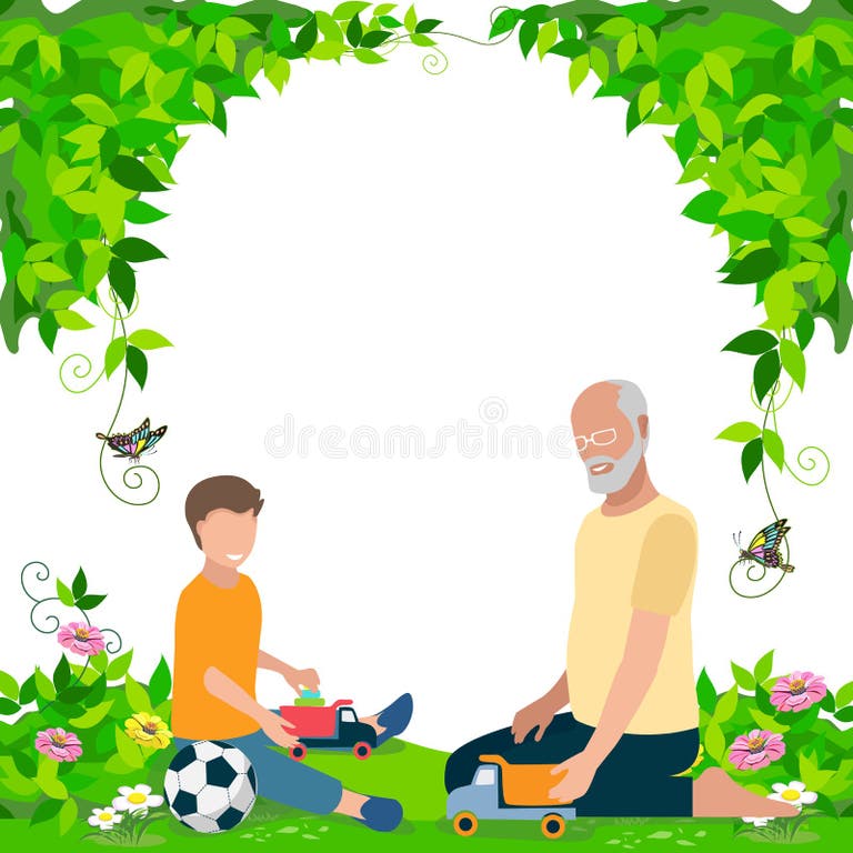 Happy Grandfather Plays with His Grandson with Toy Cars in the Garden ...