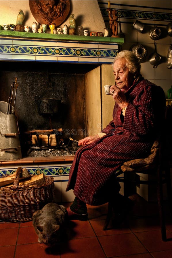 Grandma and Cat Having a Break Stock Image - Image of mature, coffee ...