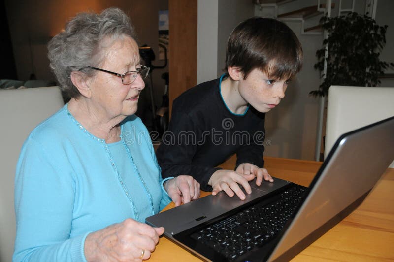 Grandma Gets a Lesson in Computer Operation Stock Image - Image of girl ...