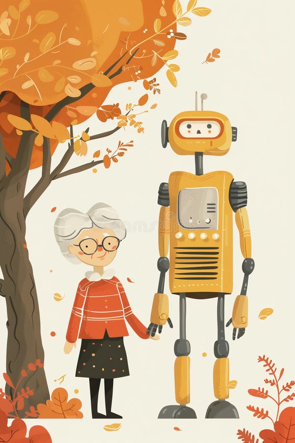 Grandma and Robot Hold Hands in Park As Leaves Fall. Generative AI ...
