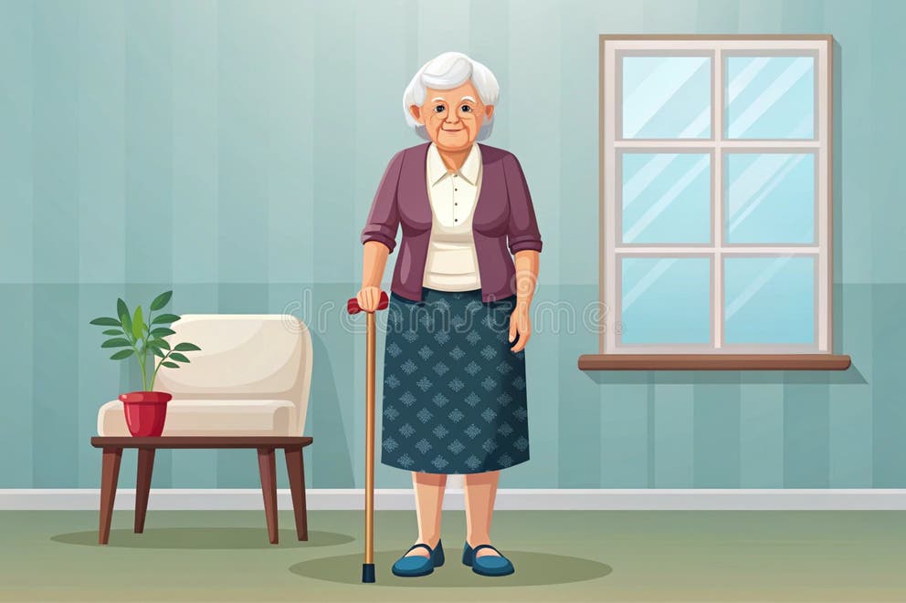 Grandmother with a Cane Standing Stock Illustration - Illustration of ...