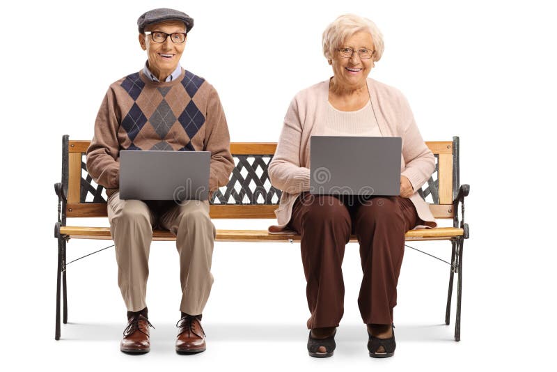 Grandmother and Grandfather Sitting on a Bench and Using Laptop ...