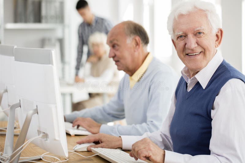Grandpa Enjoying Computer Classes Stock Image - Image of desk, facing ...