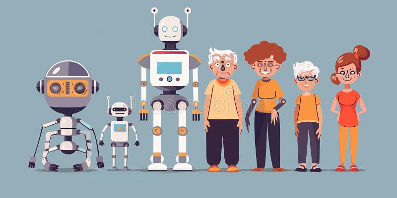 Grandparents and Robots Stand Together in Celebration. Generative AI ...