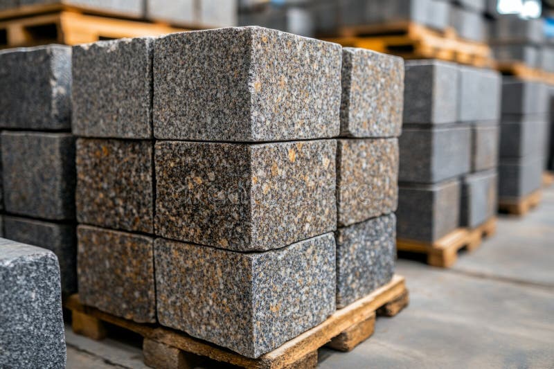 Granite Cobblestone Cubes Stacked and Stored on Wooden Pallets in a ...