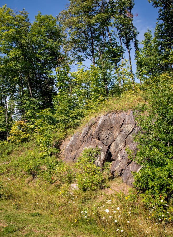 Exposed Large Granite Stone on Hillside Tree Covered Hill Stock Image ...