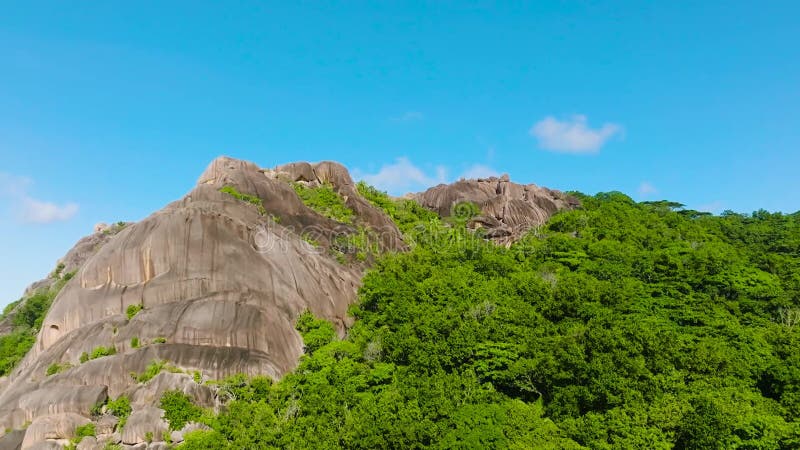 Granite Hillside Covered with Dense Greenery Under Blue Sky. Seychelles ...