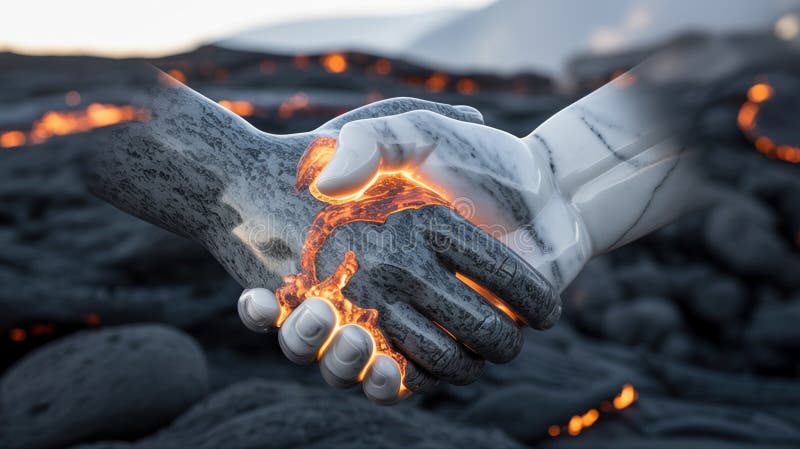 Granite and Marble Hands Shaking with Molten Lava in Dramatic Scene ...