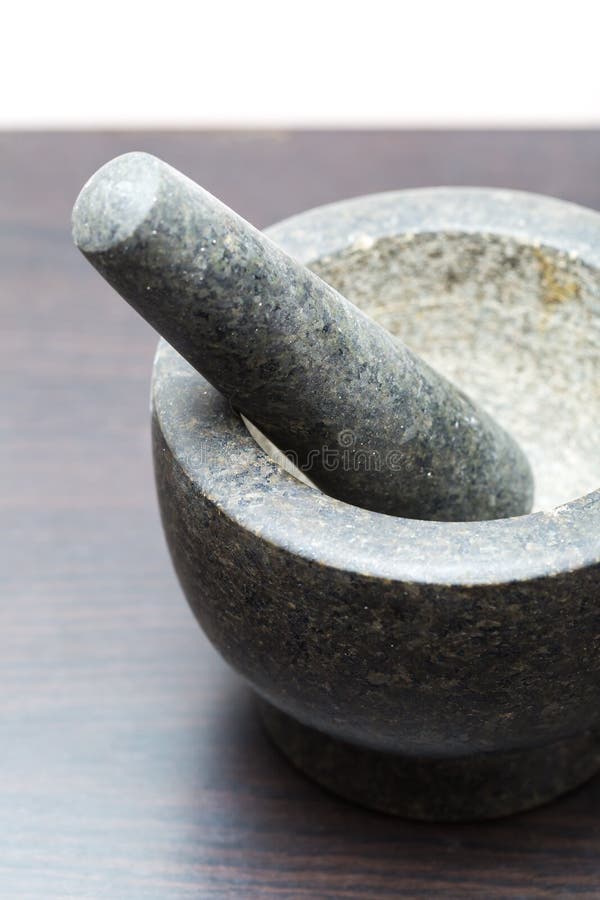 Granite Mortar Standing on Kitchen Table Stock Photo - Image of ...