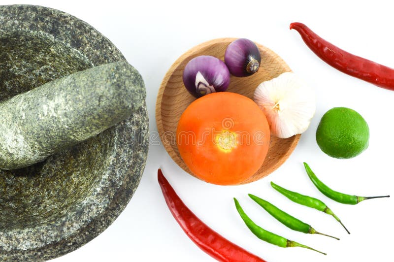 Granite Pestle and Mortar with Cooking Ingredients. Top View Stock ...