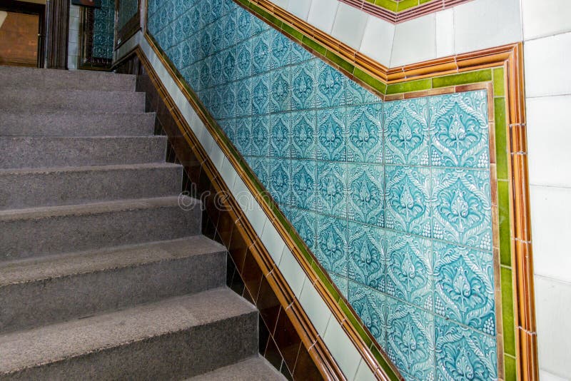 Granite Staircase with Patterned Ceramic Tiles Stock Photo - Image of ...
