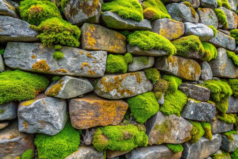 Granite Stone Wall with Moss Nature S Green Growth on Stone Stock ...