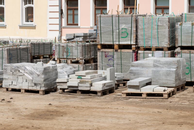 Granite Tiles on Pallets at a Construction Site Stock Photo - Image of ...