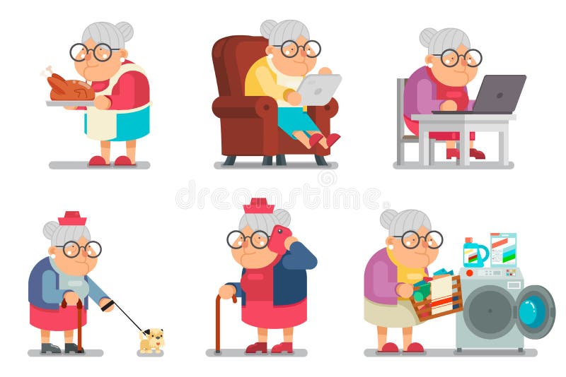 Granny Character Cartoon Design Set Flat Vector Illustration Stock ...