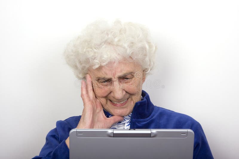 Granny Peeking at Laptop Computer Stock Image - Image of appalled, hand ...