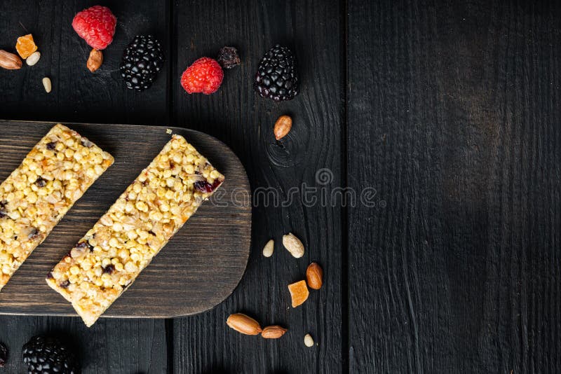 Granola Bar and Ingredients, Flat Lay with Space for Text, on Black ...