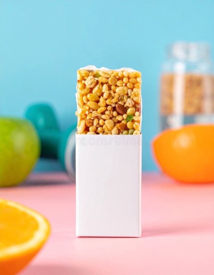 Granola Bar in White Box on Pink and Blue Background Stock Illustration ...