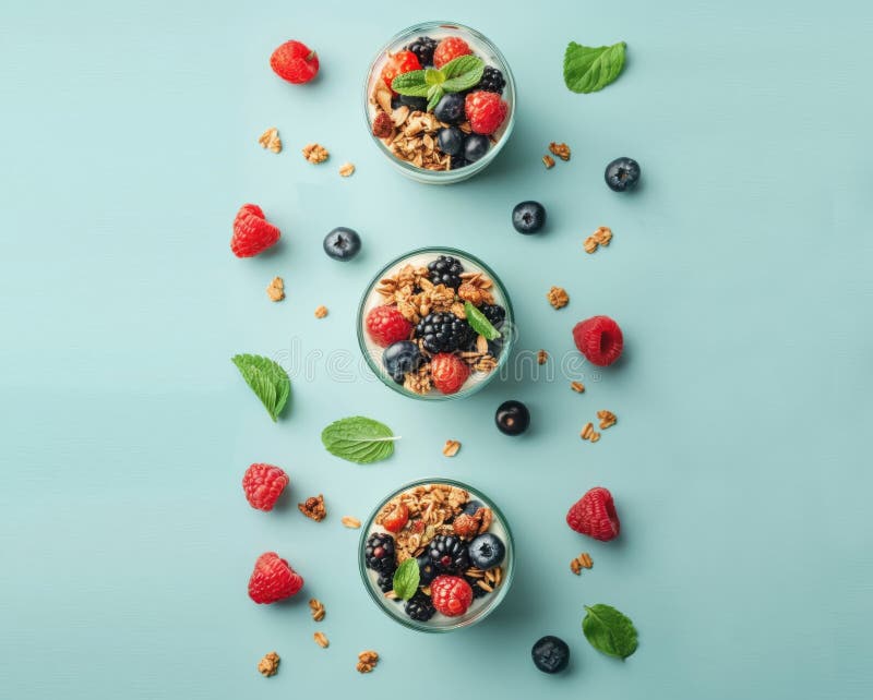 Granola and Berries in a Jar on a Light Blue Background, Top View, Flat ...