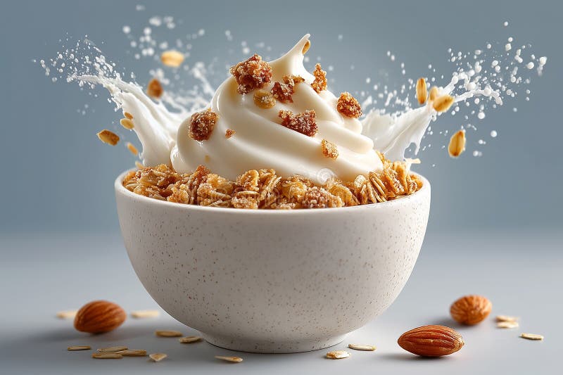 Granola Clusters Fall Dramatically Onto Soft Yogurt Creating Splash ...