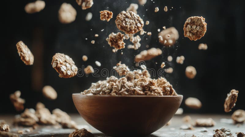 Granola Clusters Falling into Wooden Bowl Dark Background Stock ...