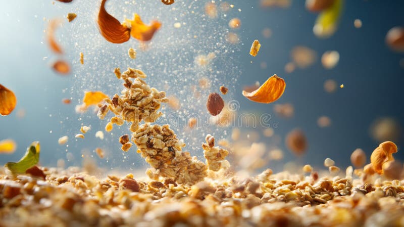 Granola Clusters and Nuts Falling Against Dark Background Stock ...