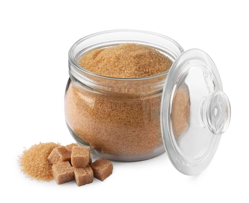 Granulated and Cubed Brown Sugar with Jar on White Background Stock ...