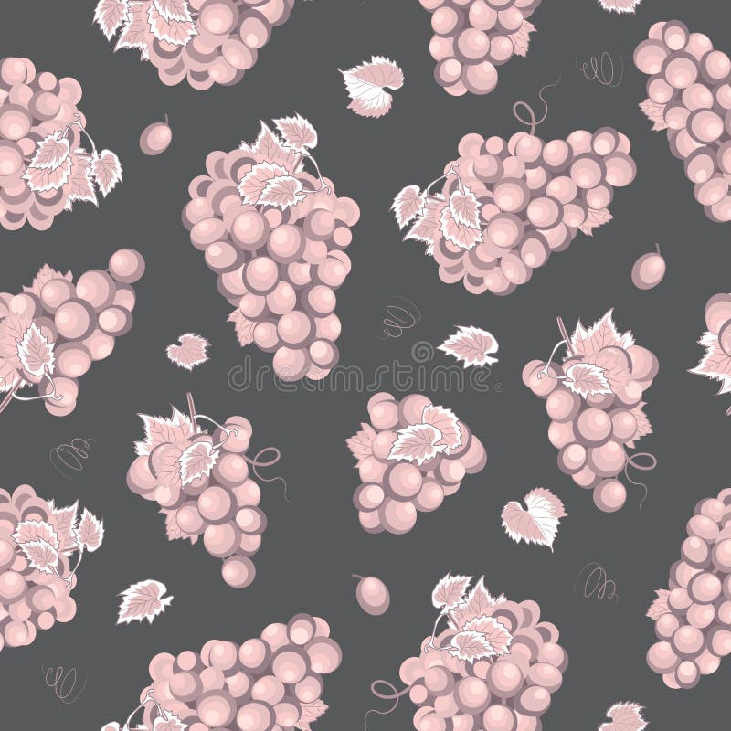 Grape Bunch Seamless Pattern on Gray Background with Leaves, Fresh ...