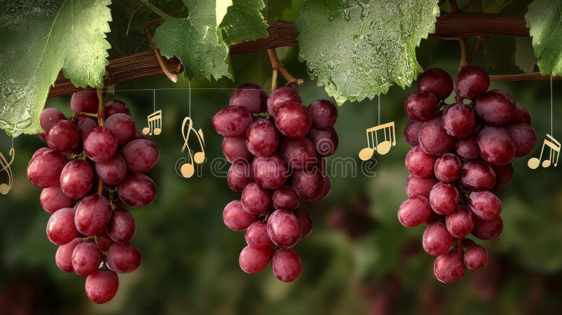 Grape Clusters Hanging with Musical Notes and Dewdrops Stock Image ...