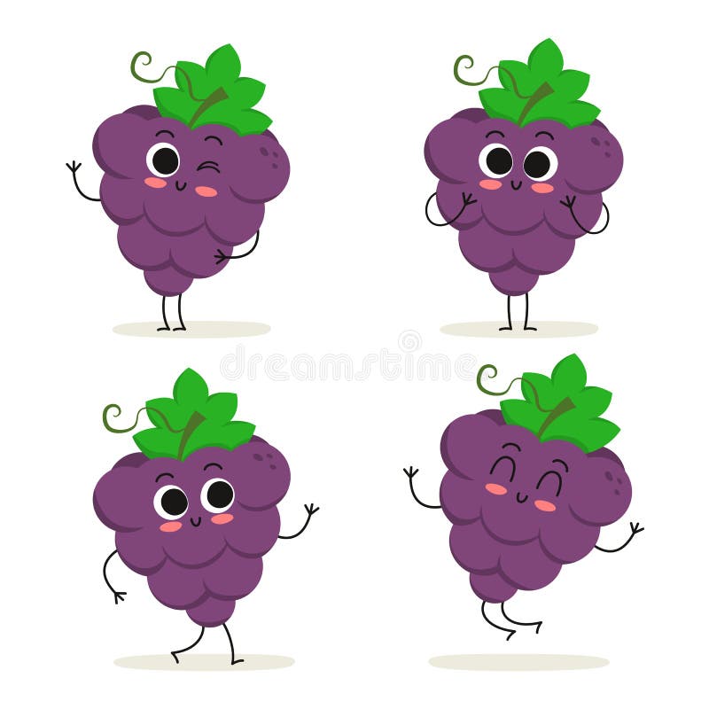 Grape Cute Mascot Face Emotion Happy with Color Flat Cartoon Outline ...