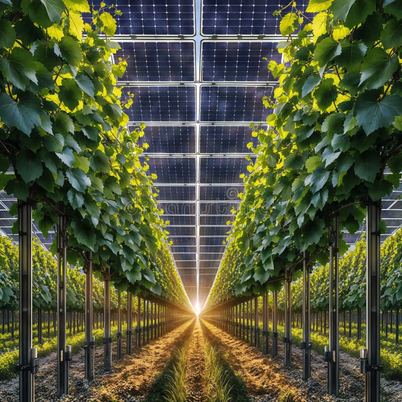 Solar Glow: Grape Field with Solar Panels Casting Light through the ...