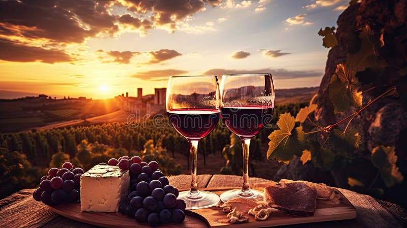 Grape Field at Sunset, Bunches of Grapes and Glasses of Red Wine Stock ...