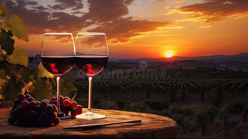 Grape Field at Sunset, Bunches of Grapes and Glasses of Red Wine Stock ...