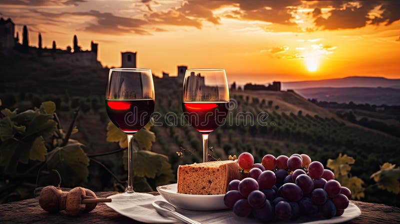 Grape Field at Sunset, Bunches of Grapes and Glasses of Red Wine Stock ...
