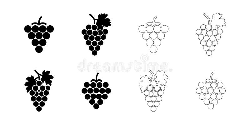Grape Icons Set Simple Clean and Smooth Solid and Outline Styles Vector Icons in Black Stock ...