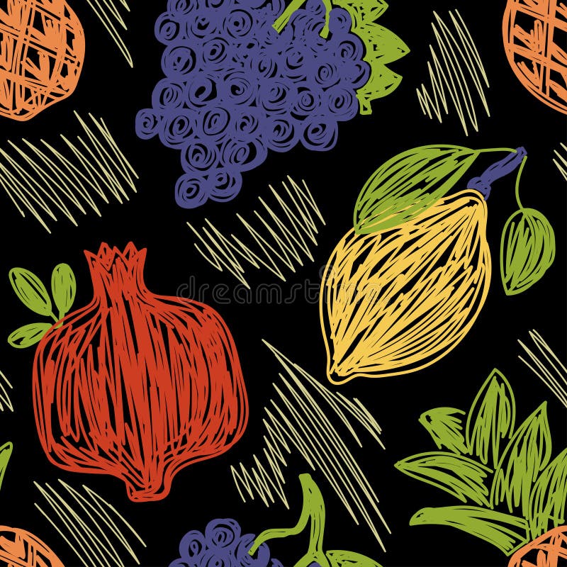 Grape, Pomegranate, Lemon and Pineapple. Fruit Bundle Seamless Pattern ...
