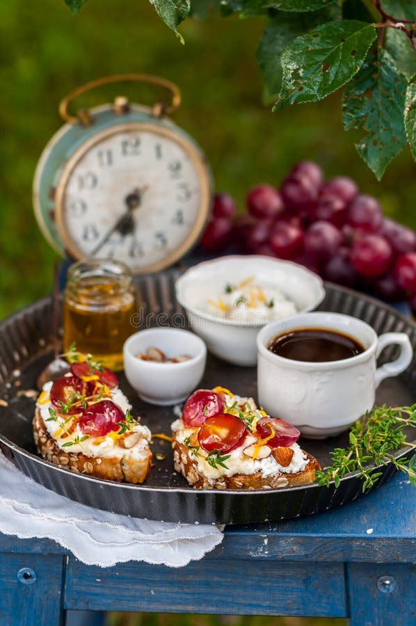 Grape Bruschetta Served for Breakfast Stock Photo - Image of honey ...