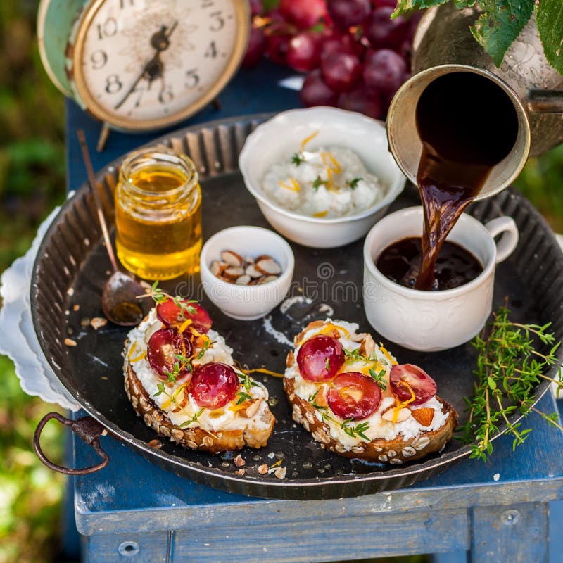 Grape Bruschetta Served for Breakfast Stock Image - Image of almond ...