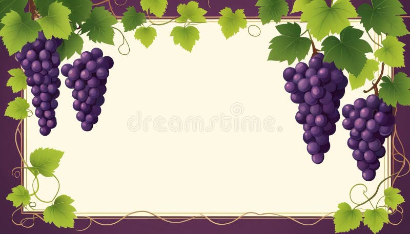 Grape Vine Border with Leaves and Purple Bunches on a Vintage ...