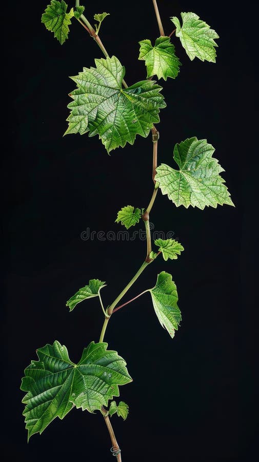 Grape Vine Leaves on a Vertical Stem Against a Black Background Stock ...