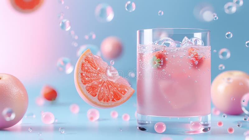 Refreshing Pink Grapefruit Soda with Strawberries and Bubbles Stock ...