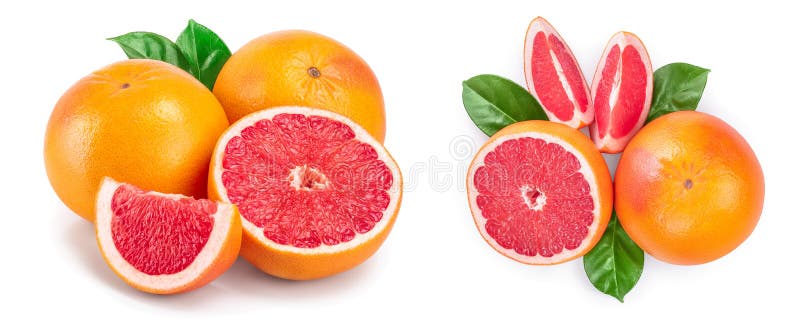 Grapefruit and Half with Leaves Isolated on White Background Stock ...