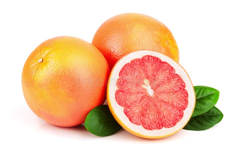 Grapefruit and Half with Leaves Isolated on White Background Stock ...